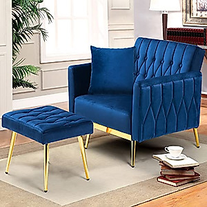 ACMEASE Velvet Accent Chair with Adjustable Armrests and Backrest, Button Tufted Lounge Chair, Single Recliner Armchair with Ottoman and Pillow for Living Room, Bedroom, Blue