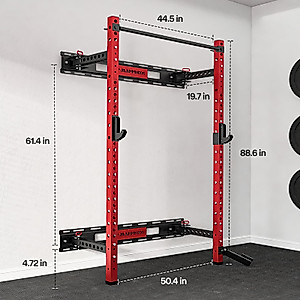 Mappding Folding Squat Rack Wall Mounted, 1100LBS Foldable Squat Power Rack Weight Cage with Pull Up Bar, J-Cups, Landmine and Partable Space Saving Free Standing for Home Gym Garage Workout, Red