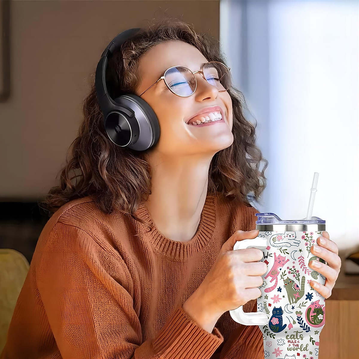 30 oz Cat Tumbler with Handle and Straw, Cute Cartoon Stainless Steel Vacuum Insulated Travel Coffee Mug Cup Water Bottle, Cat Stuff Accessories Decor, Cat Lover Gifts for Women Girls