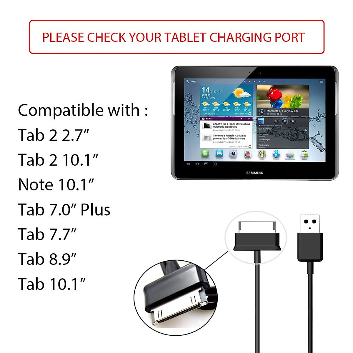 Lisheng 2Pack Black 3.3FT 30 Pin USB Charging Cable Cord for Galaxy Tab 2 10.1"/7.0",10.1"/8.9",Tab 7.7 Plus,Gt-n8013 Gt-p5113 Sgh-i497 i915 Note 10.1 GT-N8000,P5100,P3110,P7510 Tablet Charger Cable