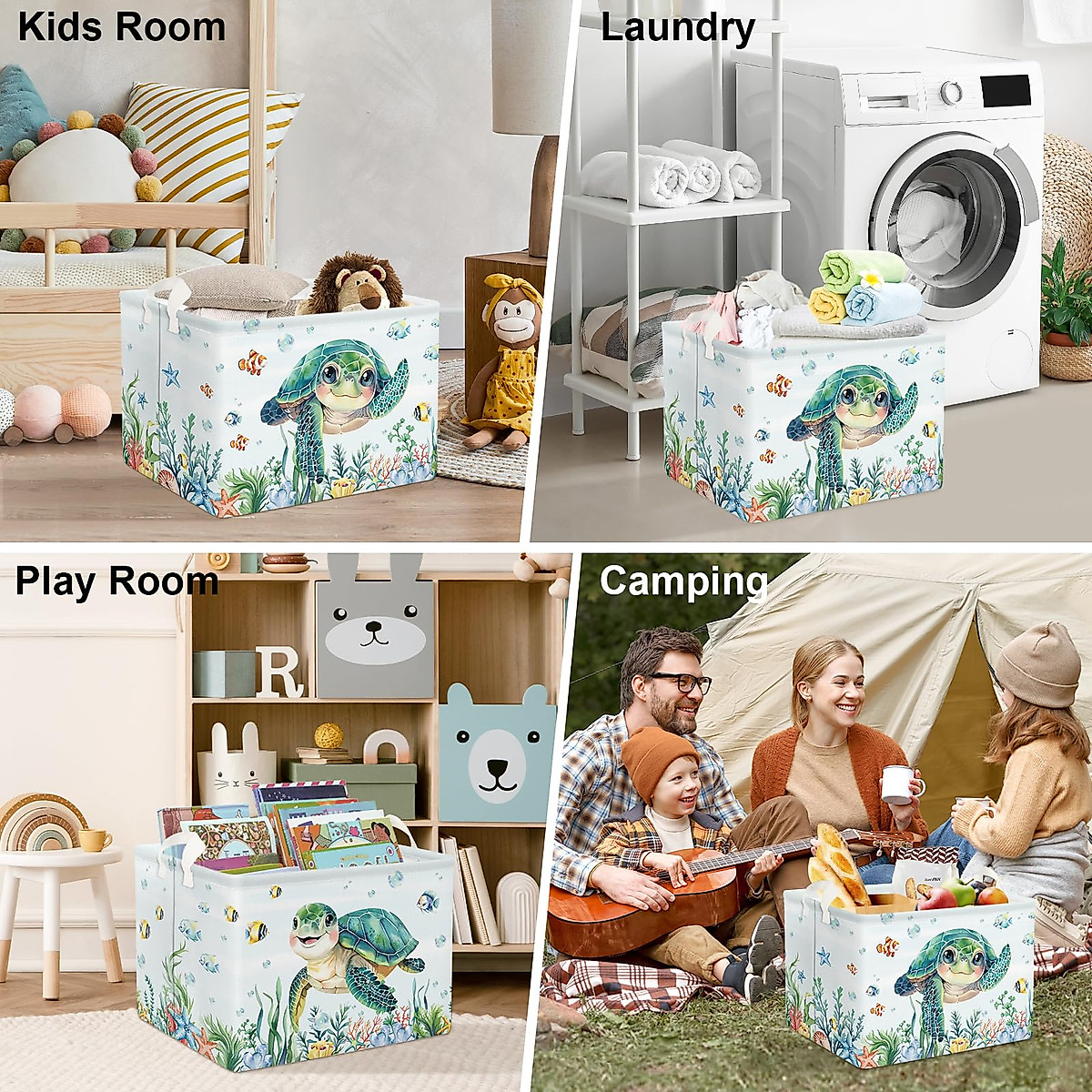 Clastyle 36L Fish Sea Turtle Baby Basket Ocean Coral Seaweed Starfish Toy Book Shelf Basket Waterproof Pool Toy Beach Towel Storage Bin Large Rectangle Collapsible Dirty Clothes Basket