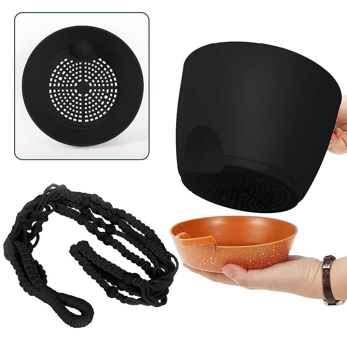 GARDIFE 8 Inch Hanging Planters with Macrame Plant Hanger for Indoor and Outdoor Plants, 2 Pack Large Self Watering Hanging Plant Pot with Basket Flower Pot with Drainage Hole, Black