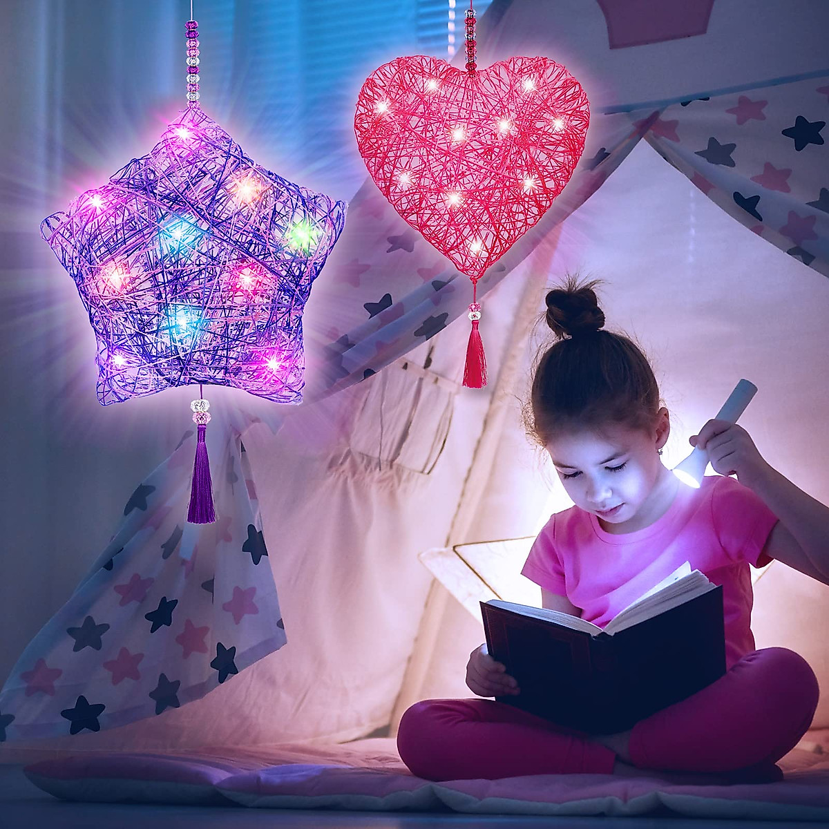 G.C 3D String Art Kit for Kids Arts and Crafts for 8 9 10 11 12 Year Old Girls Boys DIY Light up Heart Star Lantern Toys Birthday Gifts 20 Multi-Colored LED Bulbs