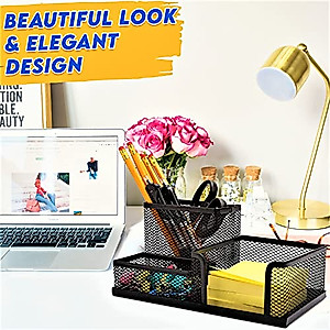 SAWYBISH 2 Pack 3 in 1 Mesh Pen Holder for Desk, 3 Compartments Pencil Holder Desk Organizer Caddy with Sticky Notes Holder Easy Storage Suitable for Home, Office and School