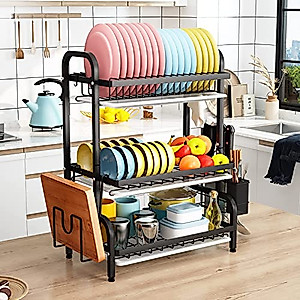 1Easylife Dish Drying Rack, 3 Tier Dish Rack with Tray Utensil Holder, Large Capacity Dish Drainer with Cutting Board Holder Drain Board Tray for Kitchen Counter Organizer Storage (Black)