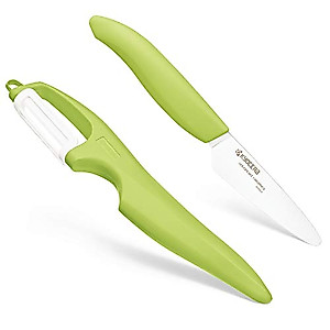 Kyocera Advanced Ceramic 3-inch Paring Knife with Vertical Double Edge Peeler, Green