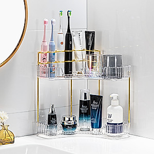 FUYOTILY 2-Tier Bathroom Counter Organizer, Multi-Purpose Makeup Organizer Countertop, Large Skincare Organizers, Exquisite Vanity Organizer with Makeup Brush Holder (Clear)