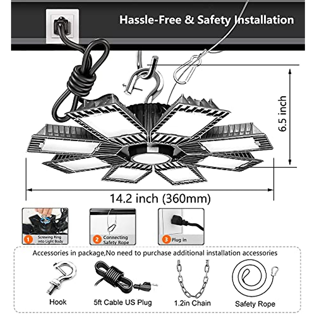 Fucoda 250W LED High Bay Light 35,000LM Industrial Commercial LED Shop Light with 5’ Cables Plug High Bay LED Lights for Commercial Warehouse Workshop Garage Factory Barn Low Bay Area Light- 2 Pack