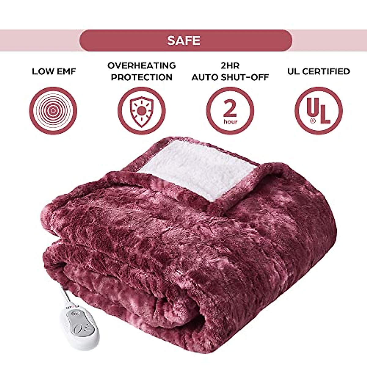 Codi Soft Oversize Heated Throw Blanket, Burgundy Faux Fur with Fuzzy Sherpa Back | 60 x 70 Oversized Electric Throws for Couch | 3 Heat Setting with Auto Shut Off, 6ft Power Cord | Washable