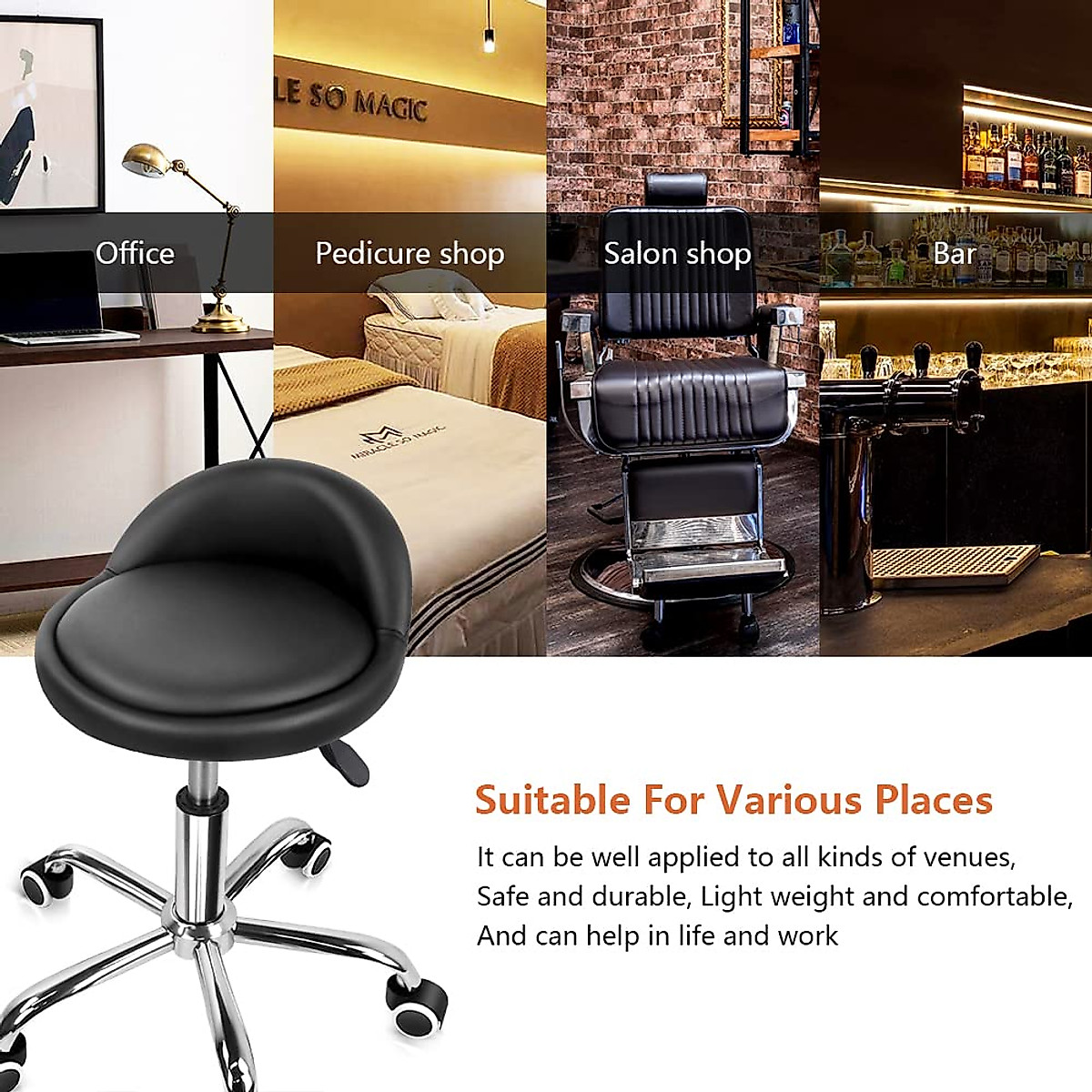 KKTONER PU Leather Round Rolling Stool with Back Rest Height Adjustable Swivel Drafting Work SPA Task Chair with Wheels Black