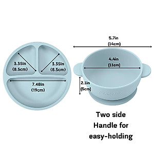 PandaEar Silicone Baby Feeding Set | 9PCS Baby Led Weaning Supplies Self Feeding Utensils | Divided Suction Plate Bowl Bibs Sippy Cup with Baby Snack Container Spoons Forks (Blue)