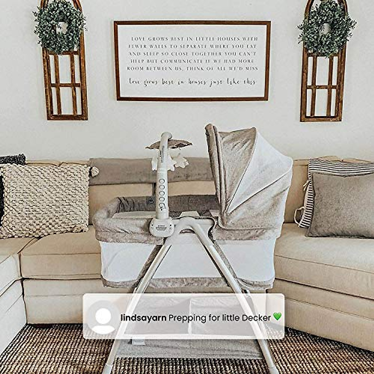 Simmons Kids City Sleeper Bedside Bassinet Portable Crib - Activity Mobile Arm with Nightlight, Vibrations, Twinkle Lights and Rotating Stars, Grey Tweed