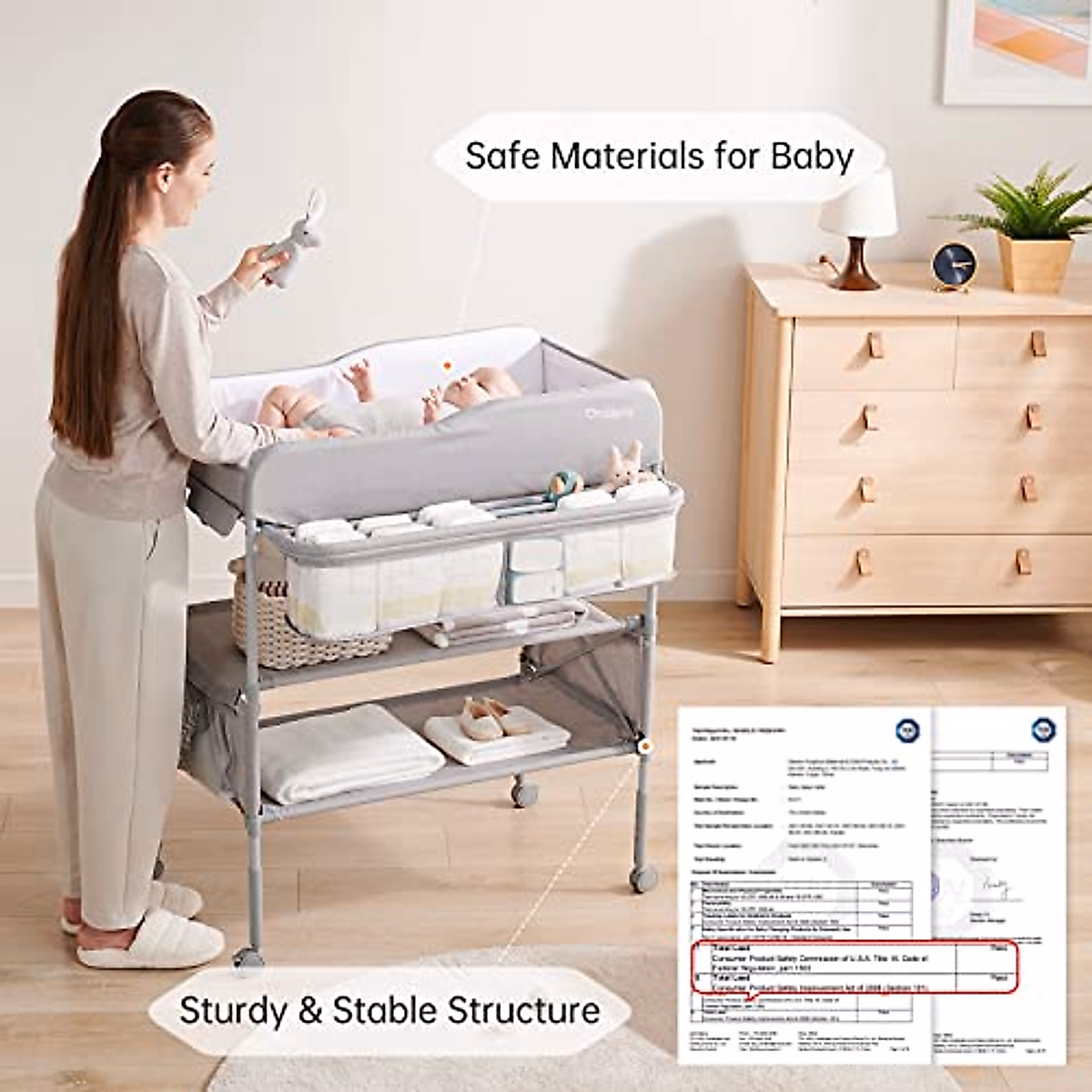 Baby Changing Table Portable Adjustable Changing Station for Tall, Foldable Diaper Changing Tables, Easy Clean Changing Table Topper, Large Storage Cholena Changing Station for Nursery, Cationic Grey