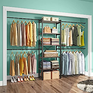 Timate P6 Clothes Rack Bedroom Armoires Heavy Duty Garment Rack Adjustable Walk in Closet Organizer System Kit Tower with Expandable Hanging Rod 5-Tier Closet Storage Shelves, Fits 6-9 ft Space, Black