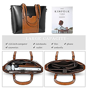 BROMEN Leather Women Handbag Large Work Tote Purse Fit Up to 15.6 inch Black with Brown