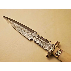 Skokie Knives Handmade Damascus Steel Dagger Knife - :Original Camel Bone Handle - with Brass Spacer and Red Fiber Sheet