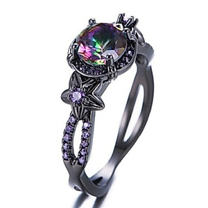 Gothic Black Gold Rretro Female Ring Mysterious Rainbow Topaz With The Creation of Amethyst Flower Gothic Black Gold Engagement Gems Ring-9