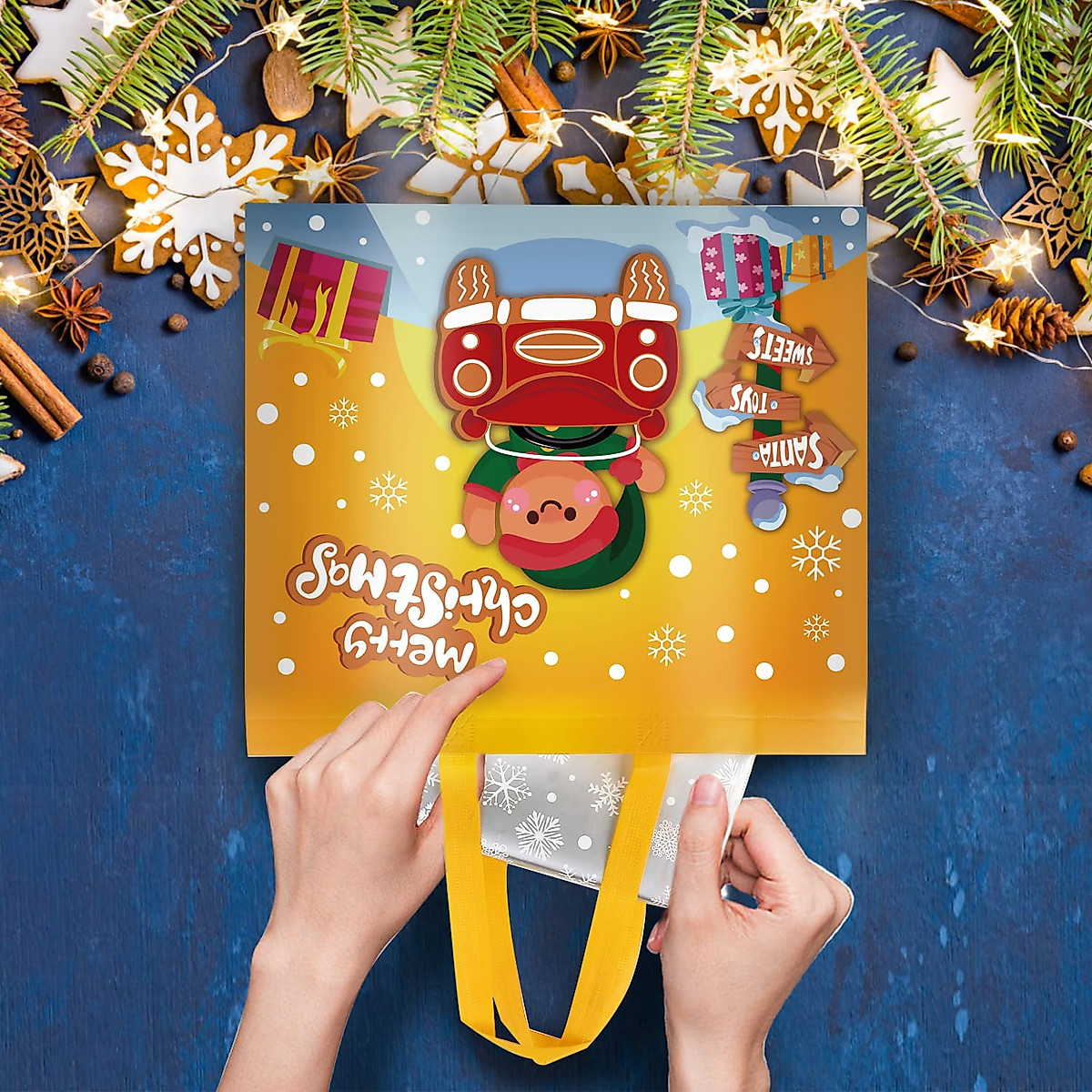 CCINEE 12 PCS Christmas Gift Bags with Handle, Large Size Reusable Christmas Tote Bags Non-Woven Christmas Treat Bags Grocery Shopping Bags for Gifts Wrapping Xmas Party Supplies,15.7"×13.8"×5.7"