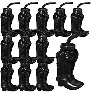 Hoolerry 12 Pcs 10 oz Plastic Cowboy Boot Cups with Straws and Lids Plastic Cowboy Cups for Western Themed Party Supplies and Rodeo Party Decorations (Black)