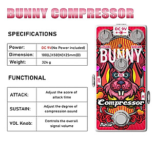 AZOR Compressor Pedal Bunny Low Noise Compression Guitar Effect Pedal for Electric Guitar & Bass True Bypass AP510