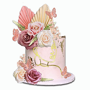 26pcs Flower Boho Cake Toppers Butterfly Cake Décor Acrylic Minimalist Art Lady Face Cake Toppers with Palm Leaves Artificial Vintage Purple Pink Flowers for Women Birthday Wedding Party Supplies