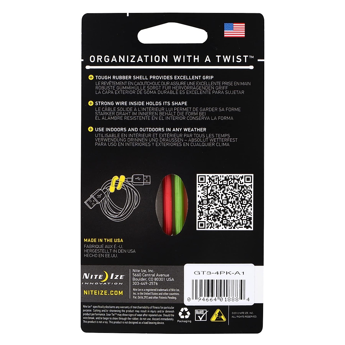 Nite Ize GT3-4PK-A1 3 Gear Tie Assorted Colors 4 Count