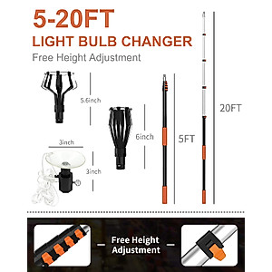 Buyplus 26FT Reach Light Bulb Changer for High Ceilings with 5-20FT Telescopic Extension Pole, Easy Flip-Tab Lock Bulb Changing Pole Extension with Basket and Suction Cup for Recessed Lights