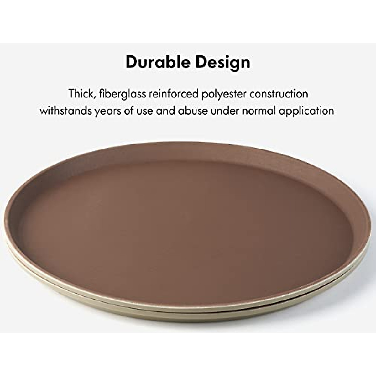 CURTA 2-Pack Restaurant Grade Non-Slip Tray, NSF, 16 Inch, Plastic Rubber Lined Anti-Skid Round Serving Tray, Brown