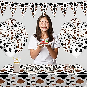 Brown Cow Prints Plates and Napkins Party Supplies, Highland Cow Birthday Decorations-Cow Print Tablecloth, Banner, Plates and Napkins, Balloons, Straws for Farm Party Baby Shower, Cowboy Cowgirl