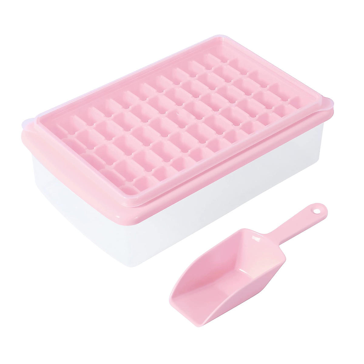Ice Cube Tray with Lid and Bin for Freezer, Easy Release 55 Nugget Ice Tray with Cover, Storage Container, Scoop. Perfect Small Ice Cube Maker Tray & Mold. Flexable Durable Plastic, BPA Free