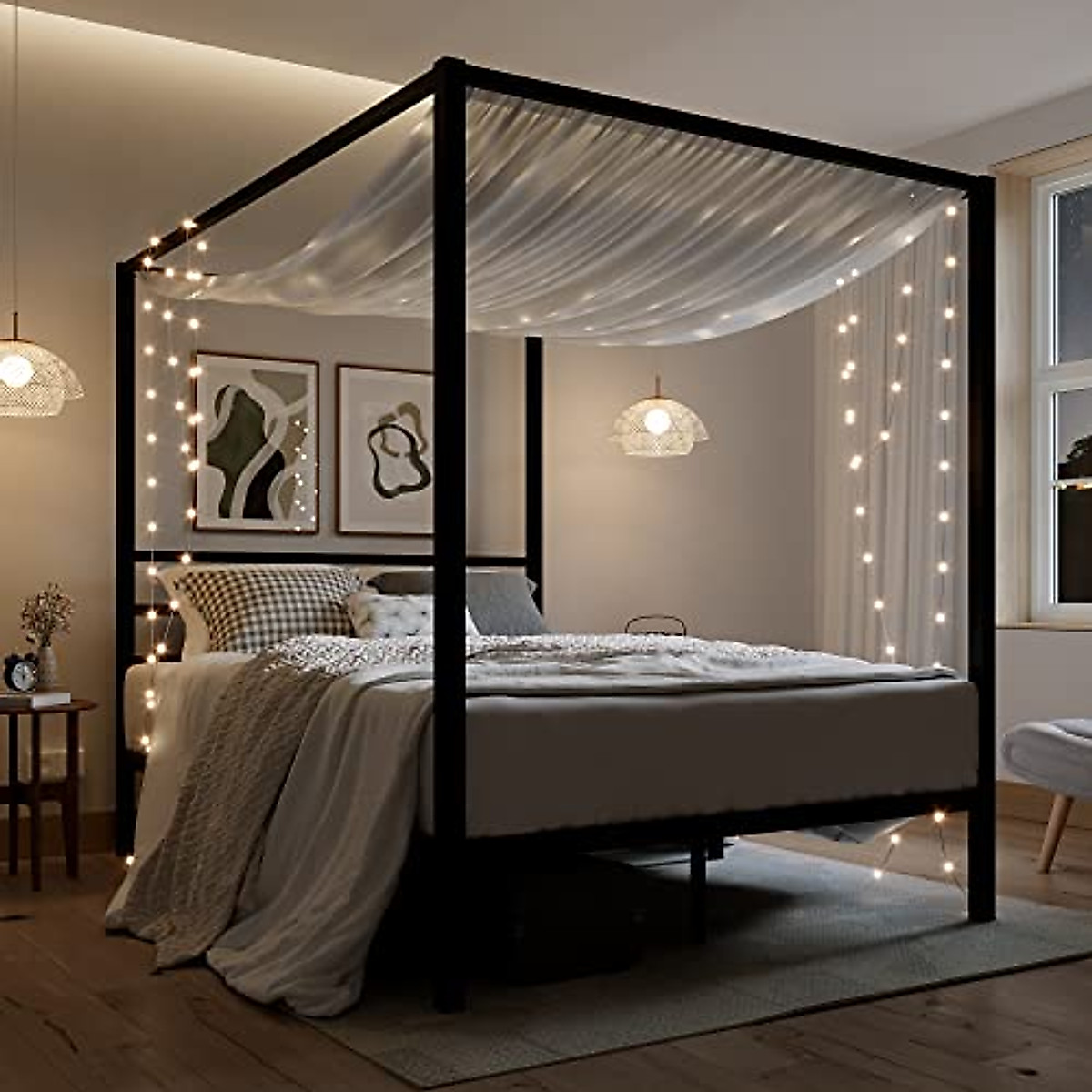 ikalido Queen Size Metal Canopy Bed Frame, Modern Four-Poster Platform Bed Frame, Mattress Foundation with Wood Slat Support/Under-Bed Storage Space/No Box Spring Needed/Black