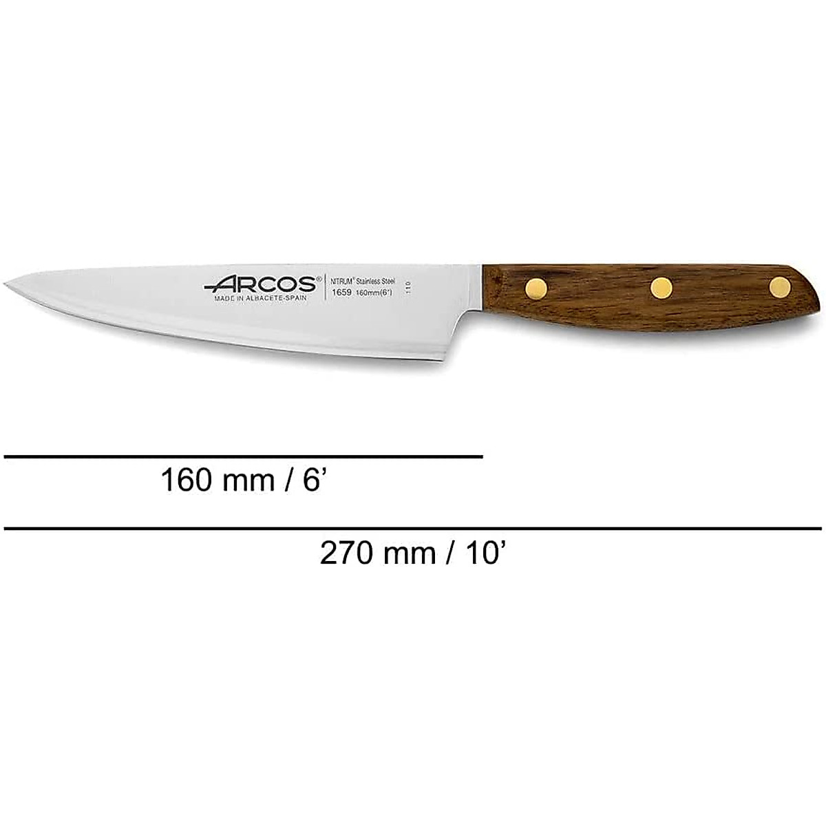 ARCOS Professional Kitchen Knife Set 3 pieces Nitrum Stainless Ste. Ovengkol Wood Handle 100% natural FSC. Series Nordika. High precision cut. Color Brown.