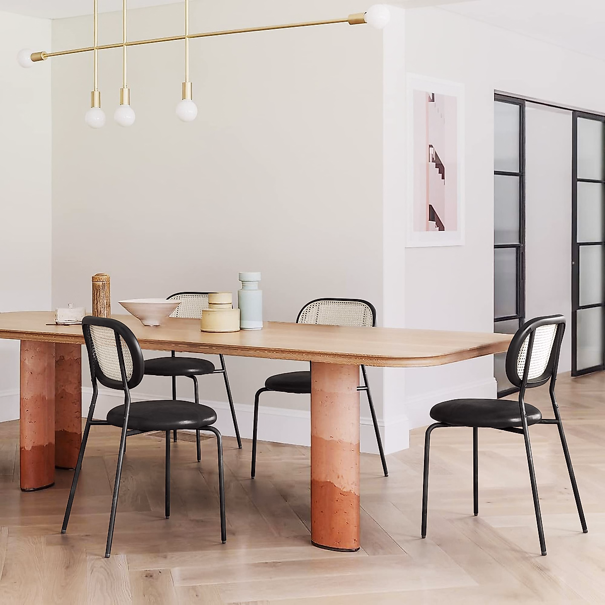 Centiar Velvet Faux Leather Dining Chair Set of 4,Rattan and Wood Backrest with Metal Legs,Modern Mid-Century Industrial Upholstered Round seat Chairs Suitable for Home,Bistro Coffee Shops,18",Black