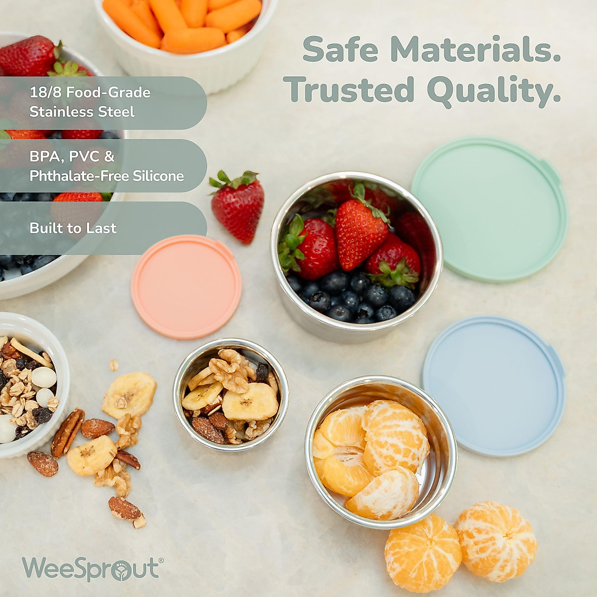 WeeSprout 18/8 Stainless Steel Food Storage Containers - Set of 3 Metal Food Storage Containers (150 ml, 200 ml, 400 ml), Leakproof Silicone Lids, Easy to Open, Durable, for Snacks, Lunches, Sauces