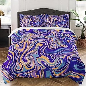 Duvet Cover King Size, Purple Painting Marble Agate Bedding Set with Zipper Closure for Kids and Adults, Orange Red Colorful Comforter Cover with 2 Pillow Shams for Bedroom Bed Decor