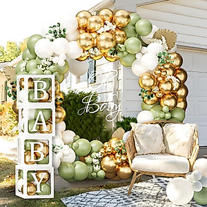 Baby Shower Decorations for Boy Girl - 183pcs Sage Green Balloon Arch Kit and Baby Boxes with Letters for Baby Shower Birthday Jungle Safari Dinosaur Party Supplies