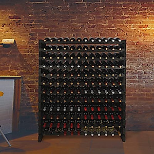 DisplayGifts Stackable Modular Wine Pine Wood Rack Stackable Storage Stand Display Shelves Wobble-Free 12 Rows 144 Bottle Capacity Black