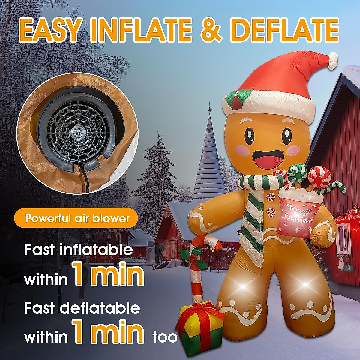 Aotiooy 8FT Christmas Inflatables Gingerbread Man Outdoor Decoration Candy Cane and Gift Box, Built-in LEDs Blow Up Inflatables for Christmas Outdoor Yard Decorations, Garden, Lawn,Indoor