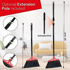 Heavy Duty Broom Outdoor/Indoor Commercial Broom with 55" Long Handle, Wide Angle Corner Broom Perfect for Garage Patio Kitchen Sidewalk Deck Porch Driveway Floor Room Rubbish Sweeping - Black and Red