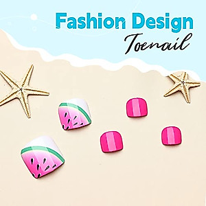 Artquee 28pcs Hot Pink Press on Toenails Short with Watermelon Design Fake Toes Nails Square Glossy Full Cover False Toe Nails Kit for Women in 14 Sizes