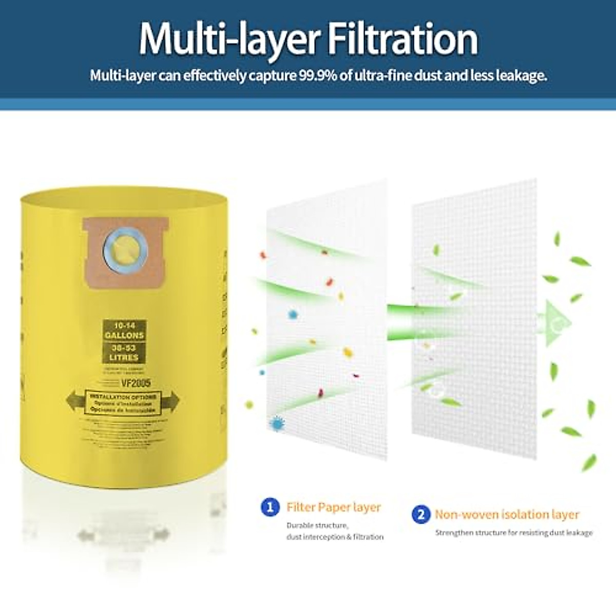 8 Pack 90672 Vacuum Bags Compatible with 10-14 gallon Type F 90662 9066200 9066233 Type I 90672 9067200 9067233 VF2005 Disposable Fine Dust Collection Bags