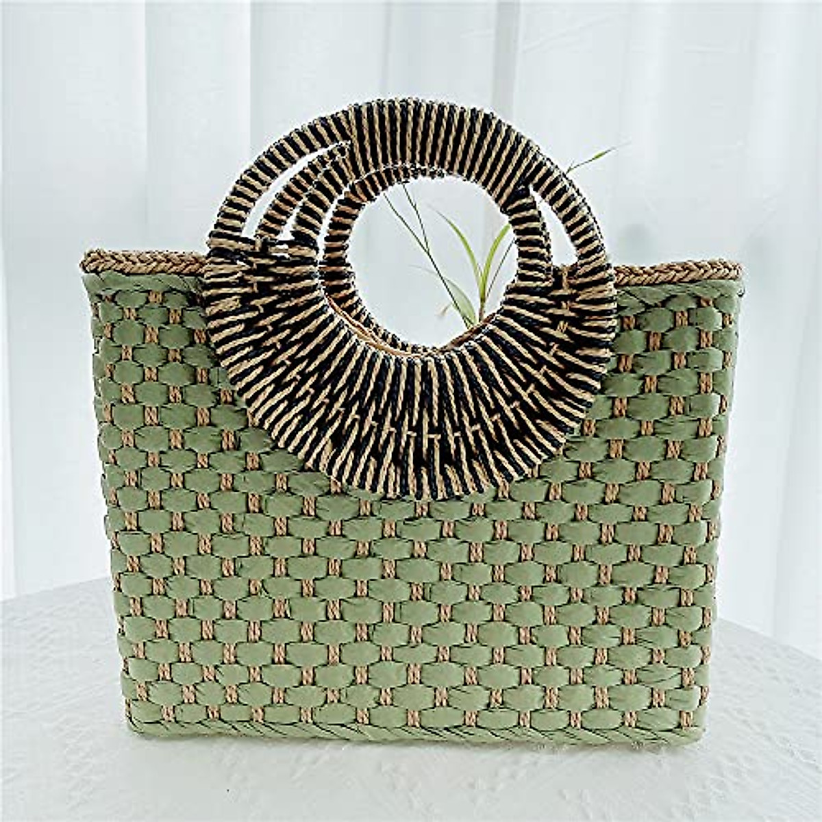 QTKJ Women Summer Retro Straw Bag with Zip Hand-woven Beach Handbag Top Round Handle Boho Tote Bag Shopping and Travel Large Bag (Green)
