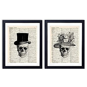akeke Skull Decor Vintage Dictionary Art Print Two Set - Skull Decorations Gentleman Lady Hat - Bone Art Wall Decor 8x10 inch Unframed Skull Couples Gifts for Women Men