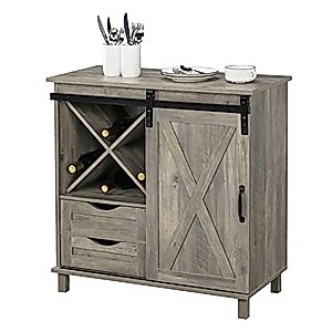 VINGLI Farmhouse Barn Door Wine Liquor Cabinet Home Coffee Bar Furniture w/Removable X-Shaped Wine Rack, Rustic Mini Buffet Sideboard Accent Storage Cabinet with 2 Drawers (Wash Grey)