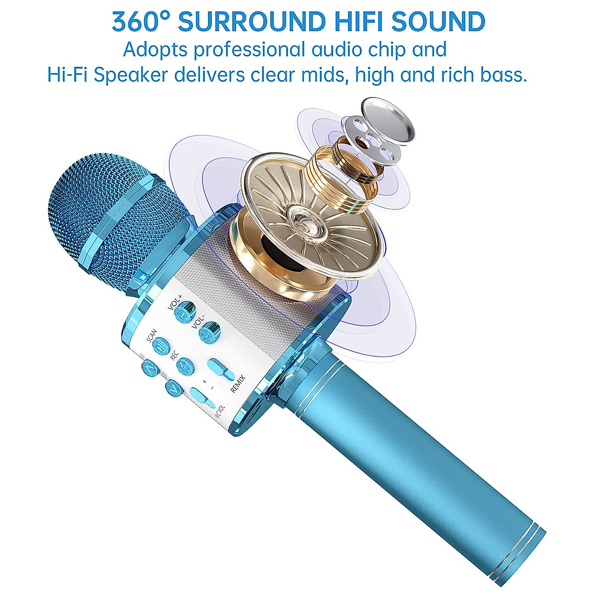 OVELLIC 2 Pack Karaoke Microphone for Kids, Wireless Bluetooth Karaoke Microphone for Singing, Portable Handheld Mic Speaker Machine, Great Gifts Toys for Girls Boys Adults All Age (Rose Gold & Blue)