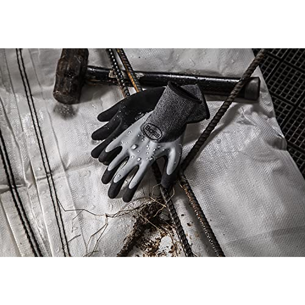 Boss Men's Tactile Barrier Dual Layer Latex Coated Work Gloves, Water Resistant, Superior Grip, Tear Resistant, Gray/Black, Large (B32021-L)