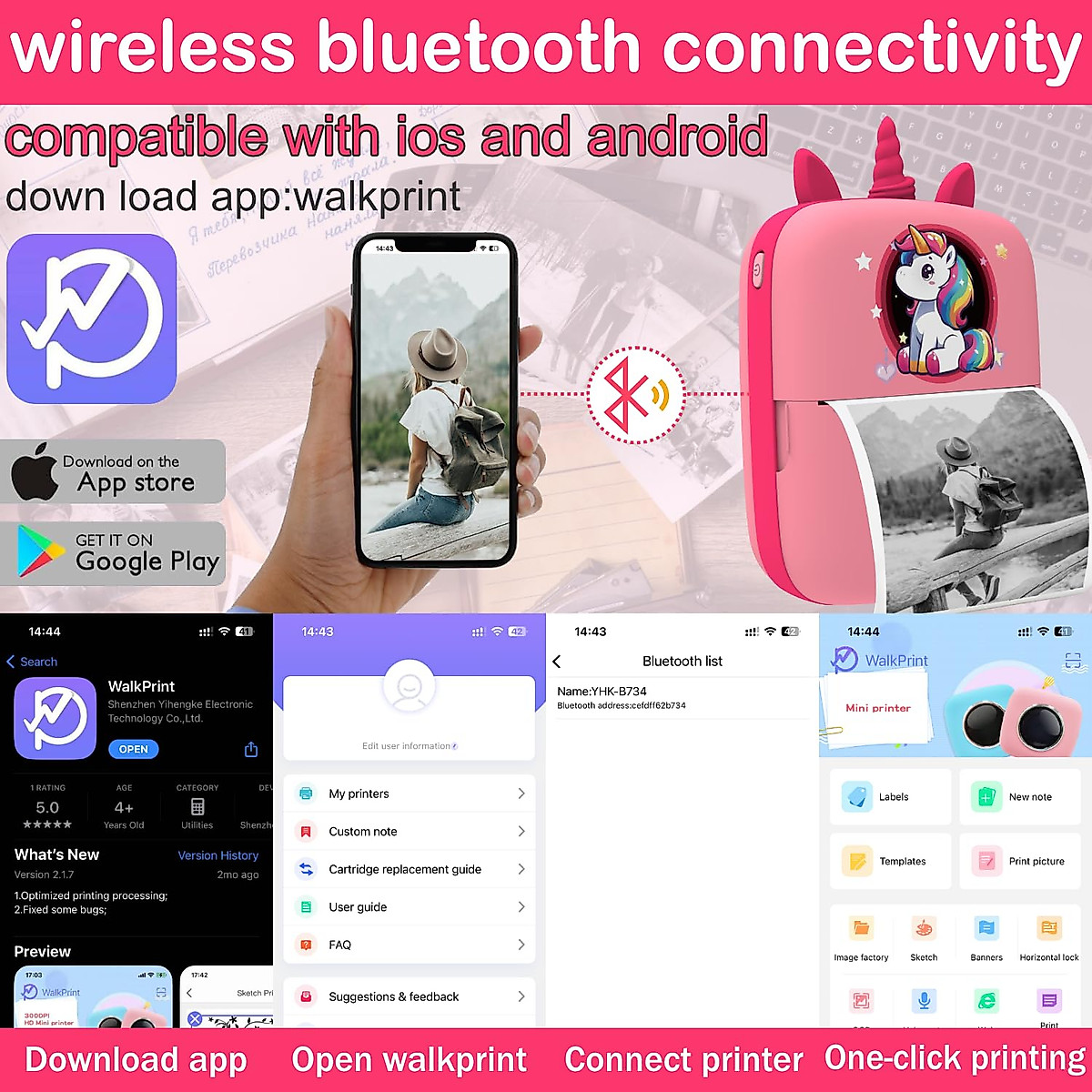 Darkant Stick Printer, Mini Thermal Printer, Portable Pocket Inkless Sticker for School Note, Photo, Bluetooth Sticker Printer Machine with Android & iOS Mobile