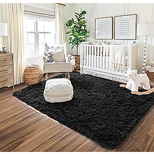 NFECO Black Soft Area Rugs for Bedroom,5x8 Feet Shag Rug,Fluffy Carpet for Living Room Decor,Shaggy Area Rug for Kids Baby Nursery Room, Plush Fuzzy Rug for Girls Boys Dorm Room, Anti-Slip