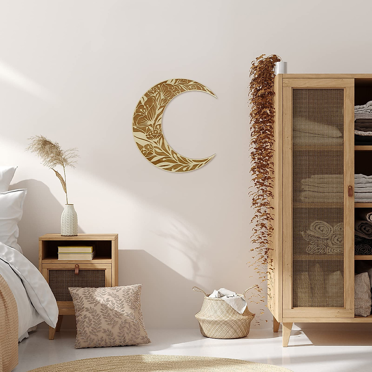 Moon Decor Rustic Moon Phase Bohemian Wall Art Nordic Wood Aesthetic Bedroom Wall Art Natural Design Wall Hanging Beautiful Moon Sign with Flowers for Home Apartment Living Room Wall Gallery Decor