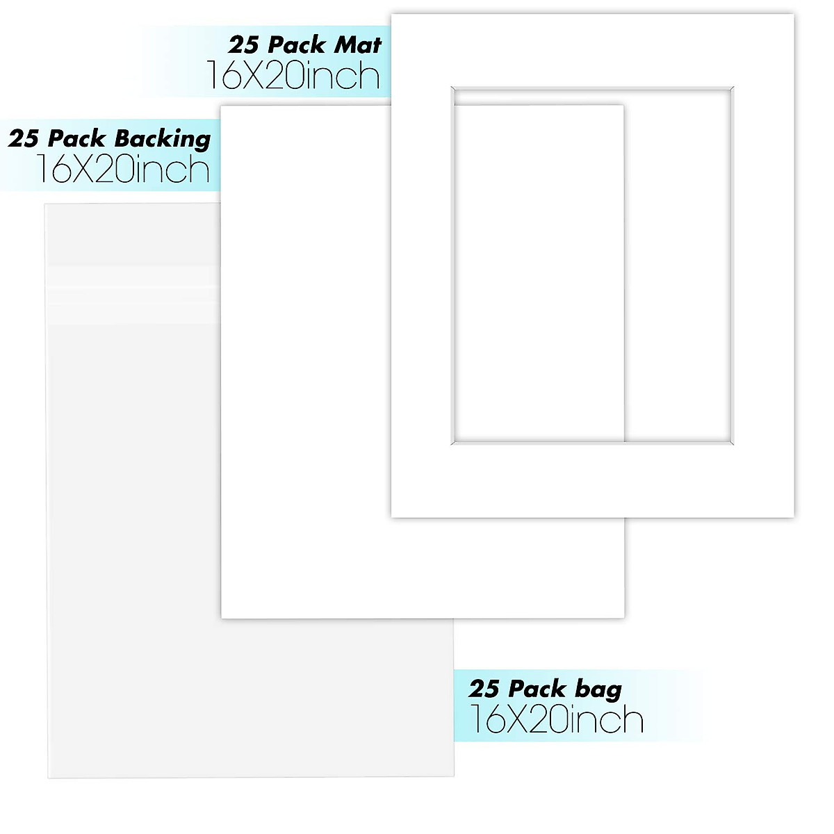 Golden State Art, White Pre-Cut 16x20 Picture Mat for 11x14 Photo with White Core Bevel Cut Mattes Sets. Includes High Premier Acid Free Mats & Backing Board & Clear Bags (25 Kit)